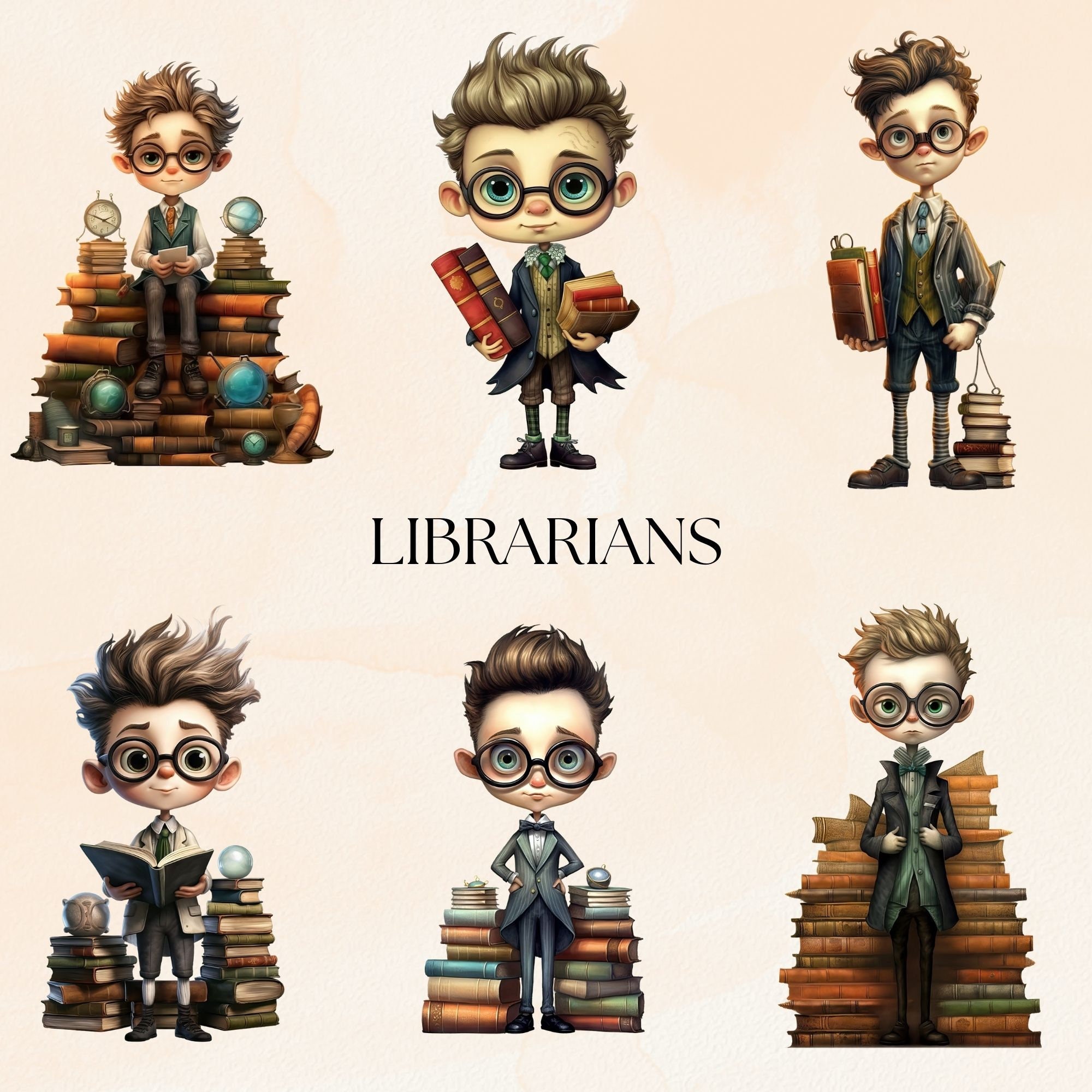 Quirky Librarian Boys Clipart, Library Book Pile Clip Art, Bookish Junk ...