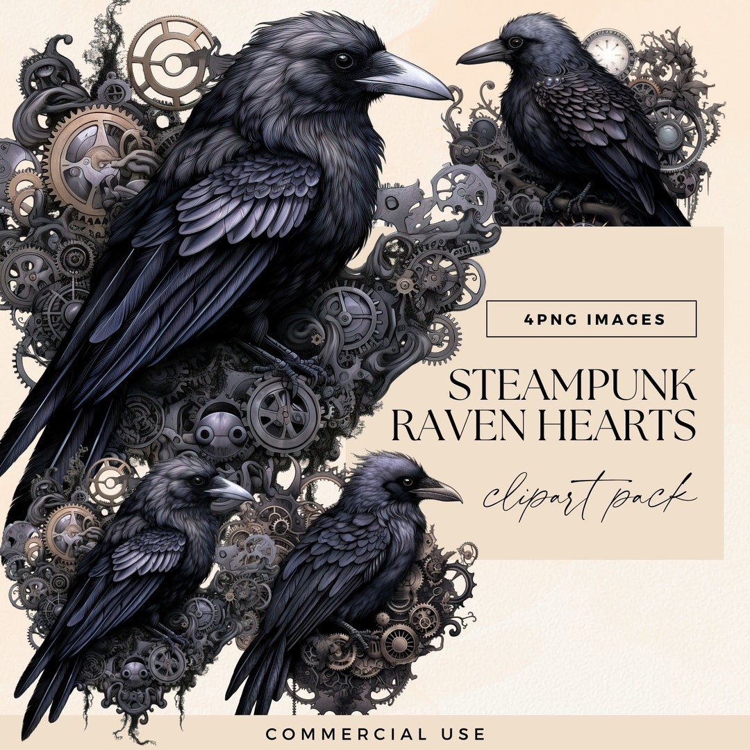 Steampunk Raven Clipart Kit, Transparent PNG, Junk Journal Heart ...