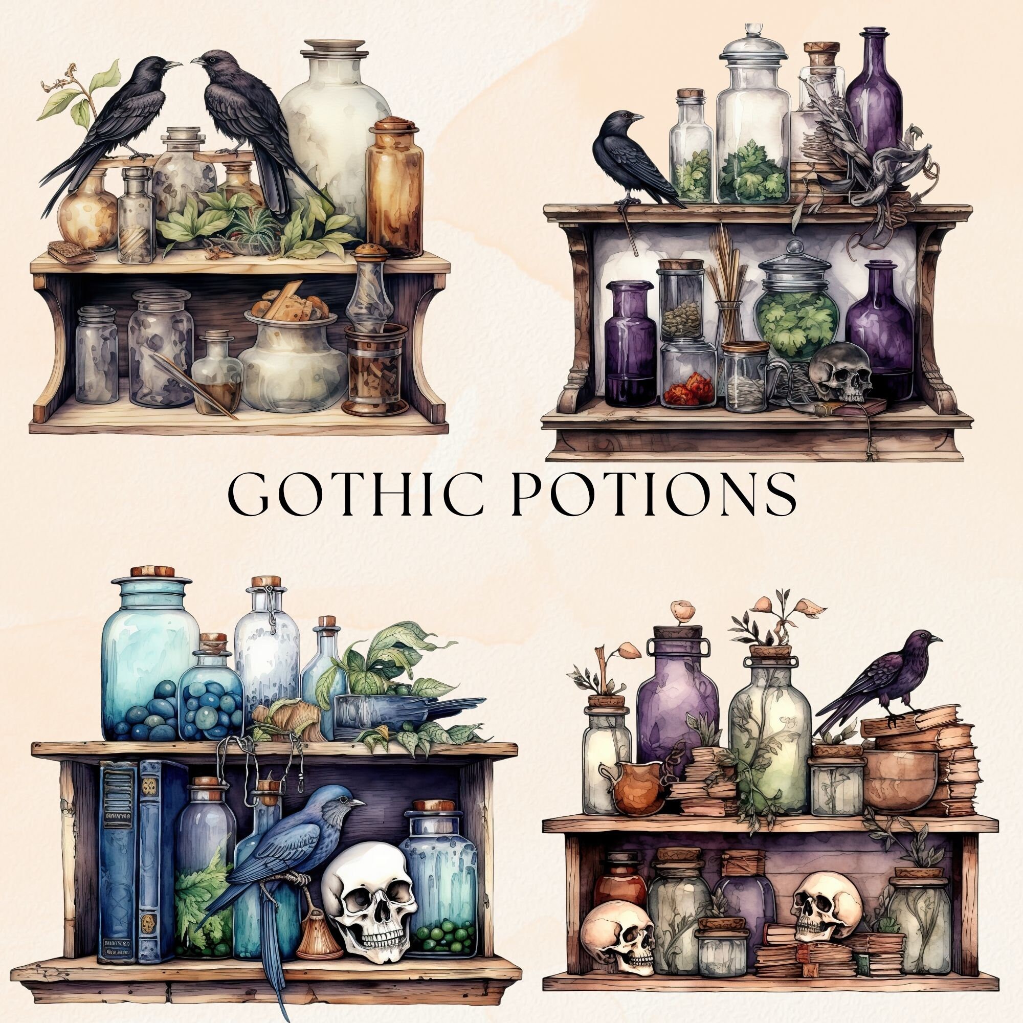 Gothic Potion Bottles Clipart, Apothecary Shelves Clip Art, Mystical ...