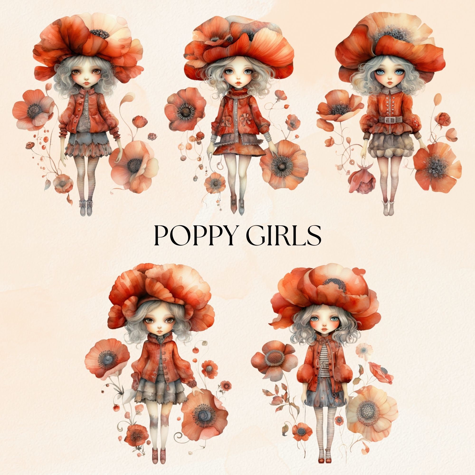 Poppy Girl Clipart Pack, Watercolor Invitation Clip Art, Cute Garden ...