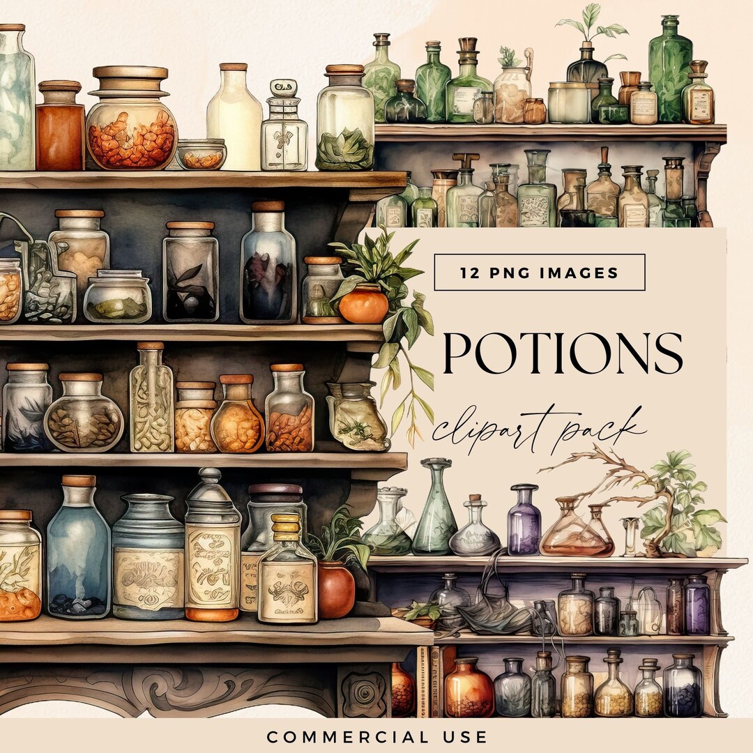 Potion Bottles Clipart Pack, Apothecary Shelves Clip Art, Mystical ...
