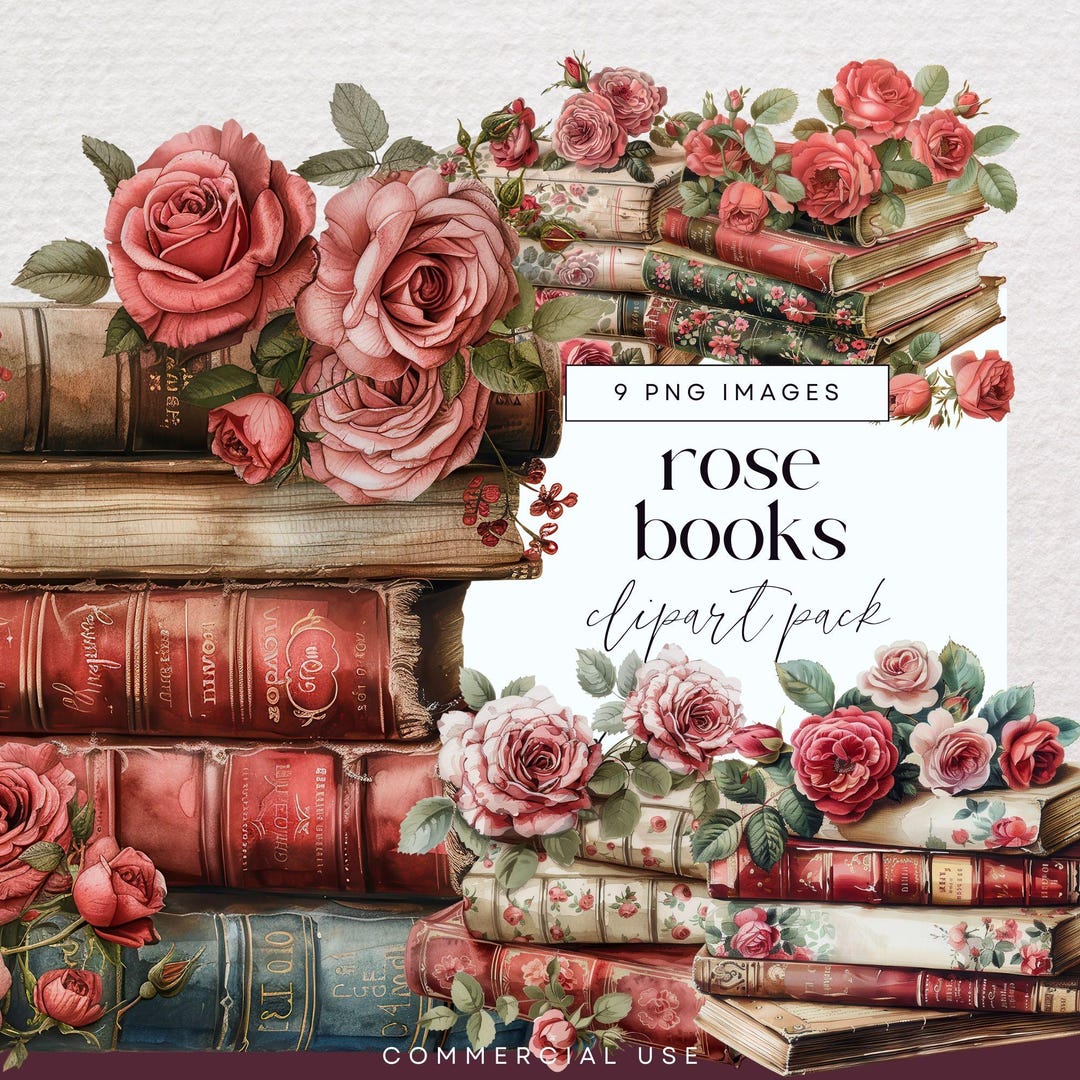 Vintage Rose Book Stack Clipart, Reading Clip Art, Transparent PNG ...