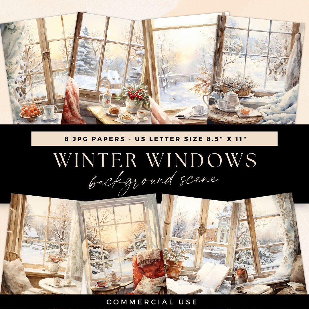 Winter Window Scene, Cozy Home Digital Background, Watercolour Snow ...