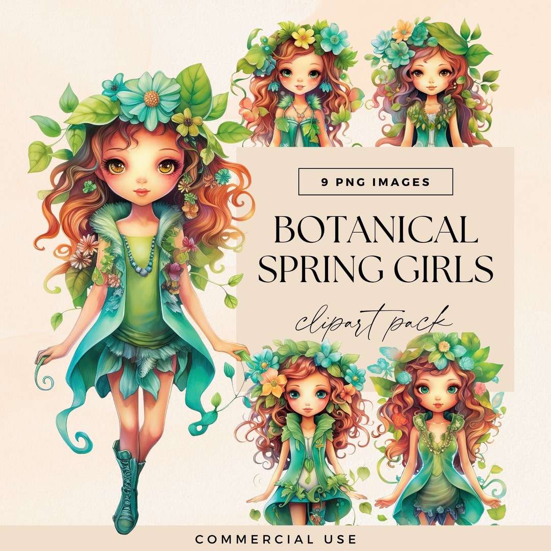 Spring Girl Clipart Pack PNG, Watercolor Cute Springtime Doll Clip Art ...