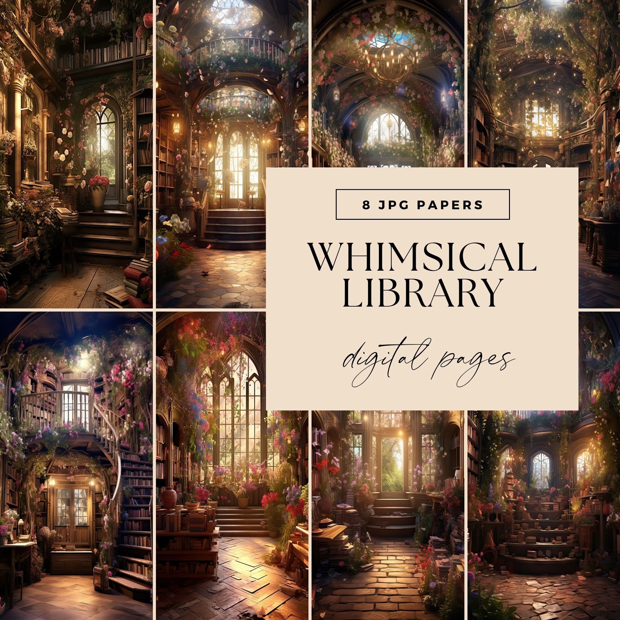 Whimsical Library Digital Papers INSTANT DOWNLOAD Book Lover - Etsy