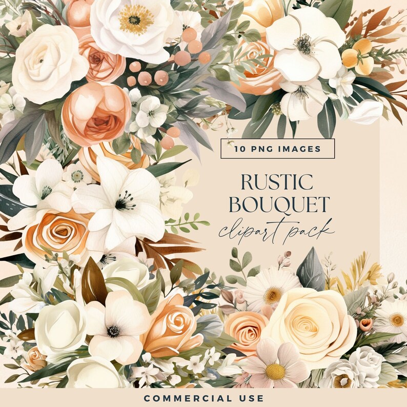 Floral Clipart Rustic Wedding, Boho Bouquet Clip Art Set, Transparent ...