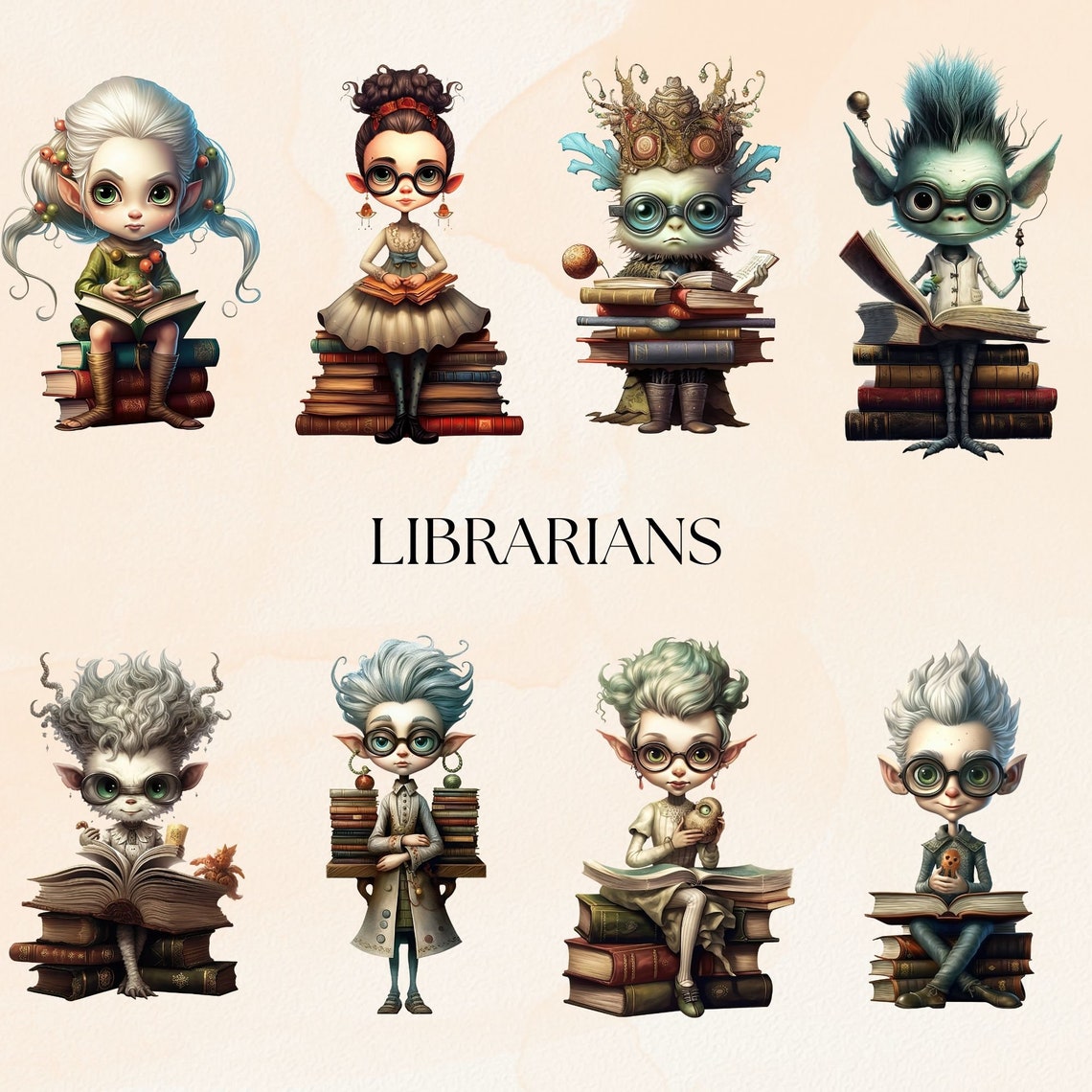 Quirky Magical Librarian Clipart, Library Book Pile Clip Art, Creature ...