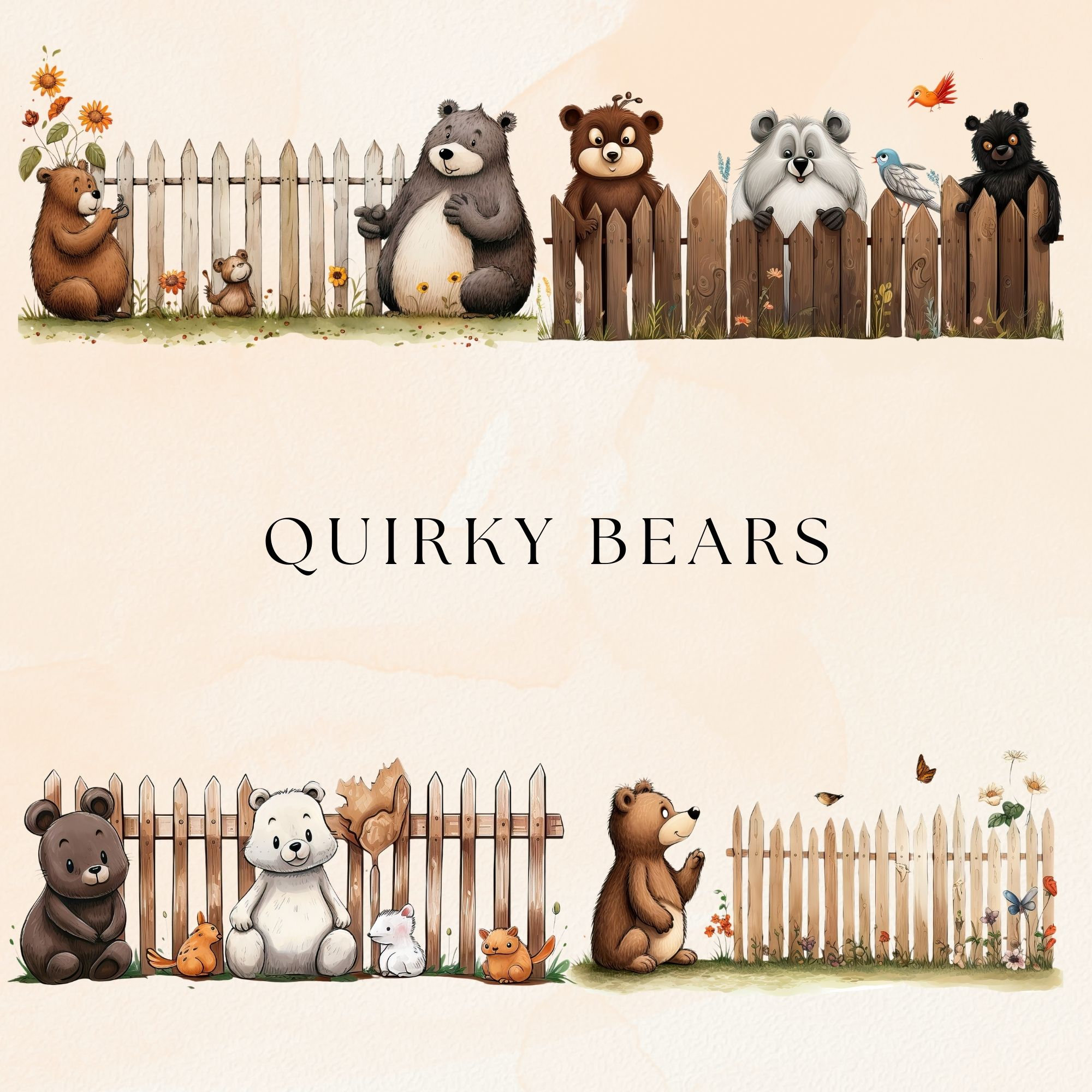 Whimsical Bear Clipart Bundle, Transparent PNG, Quirky Art, Whimsy ...