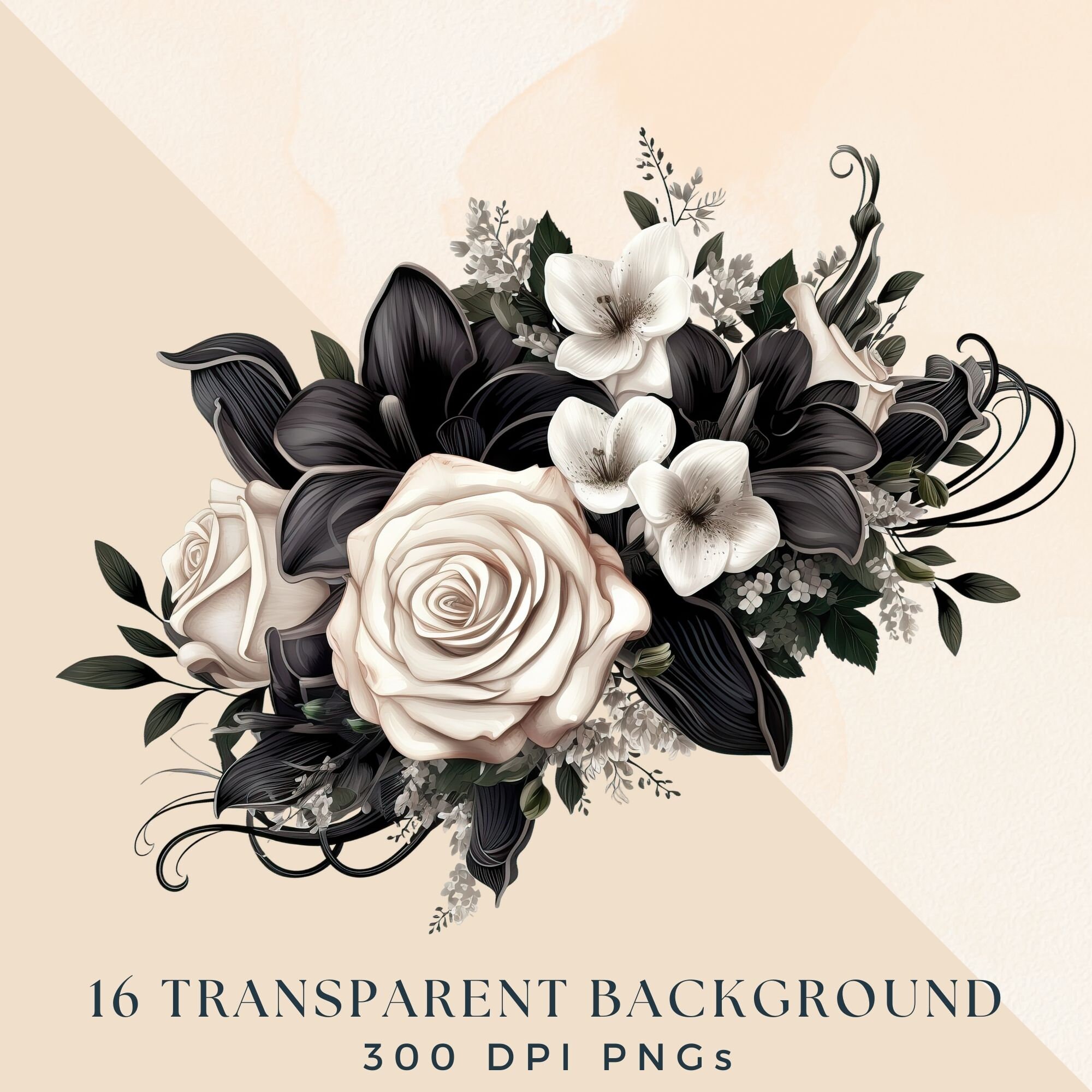 Gothic Flower Bouquet Clipart, Transparent Pngs, Black White Roses ...