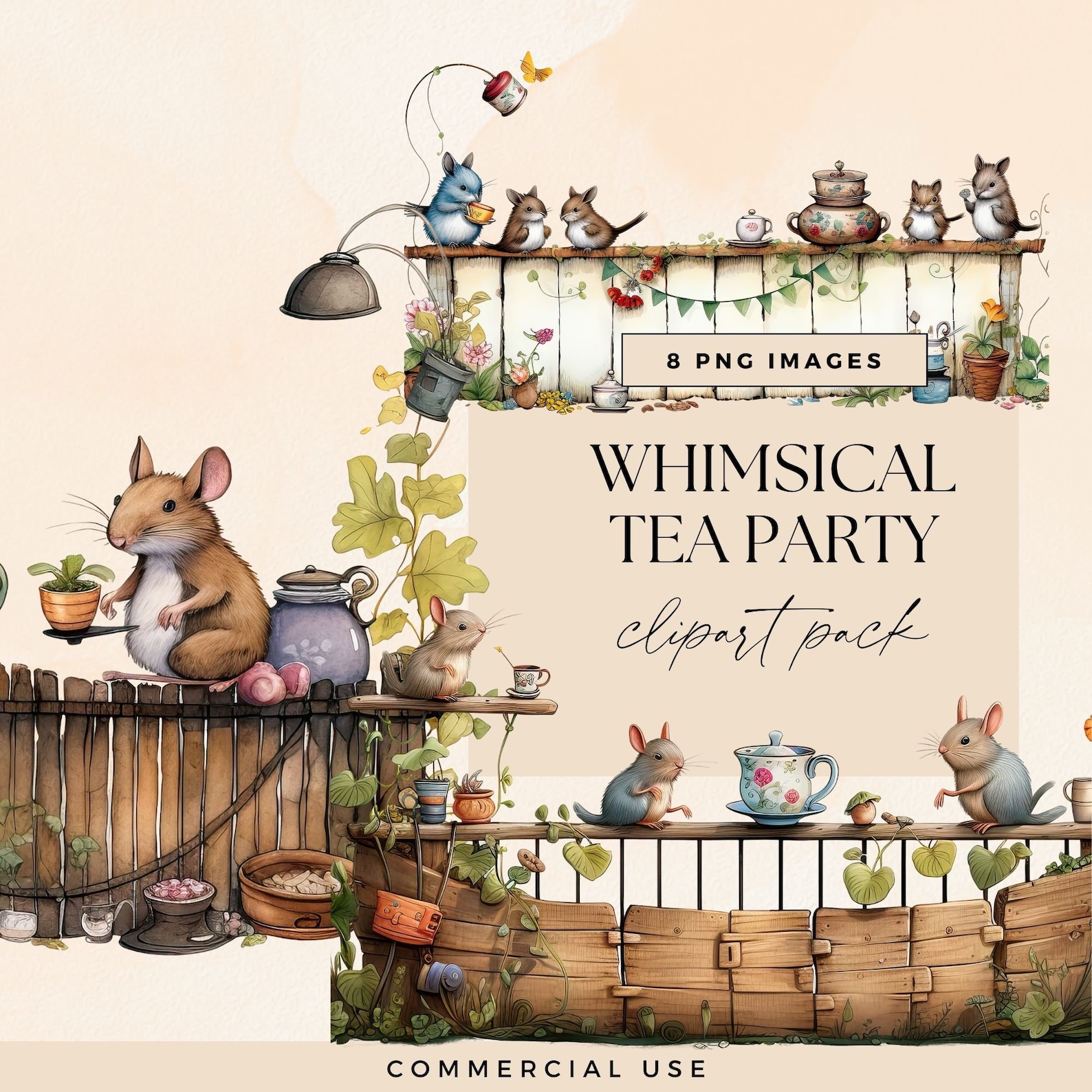 Animal Tea Party Clipart Bundle, Transparent PNG, Quirky Mice Art ...