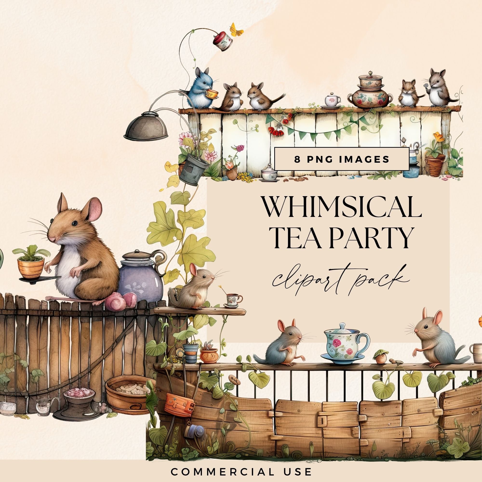 Animal Tea Party Clipart Bundle, Transparent PNG, Quirky Mice Art ...