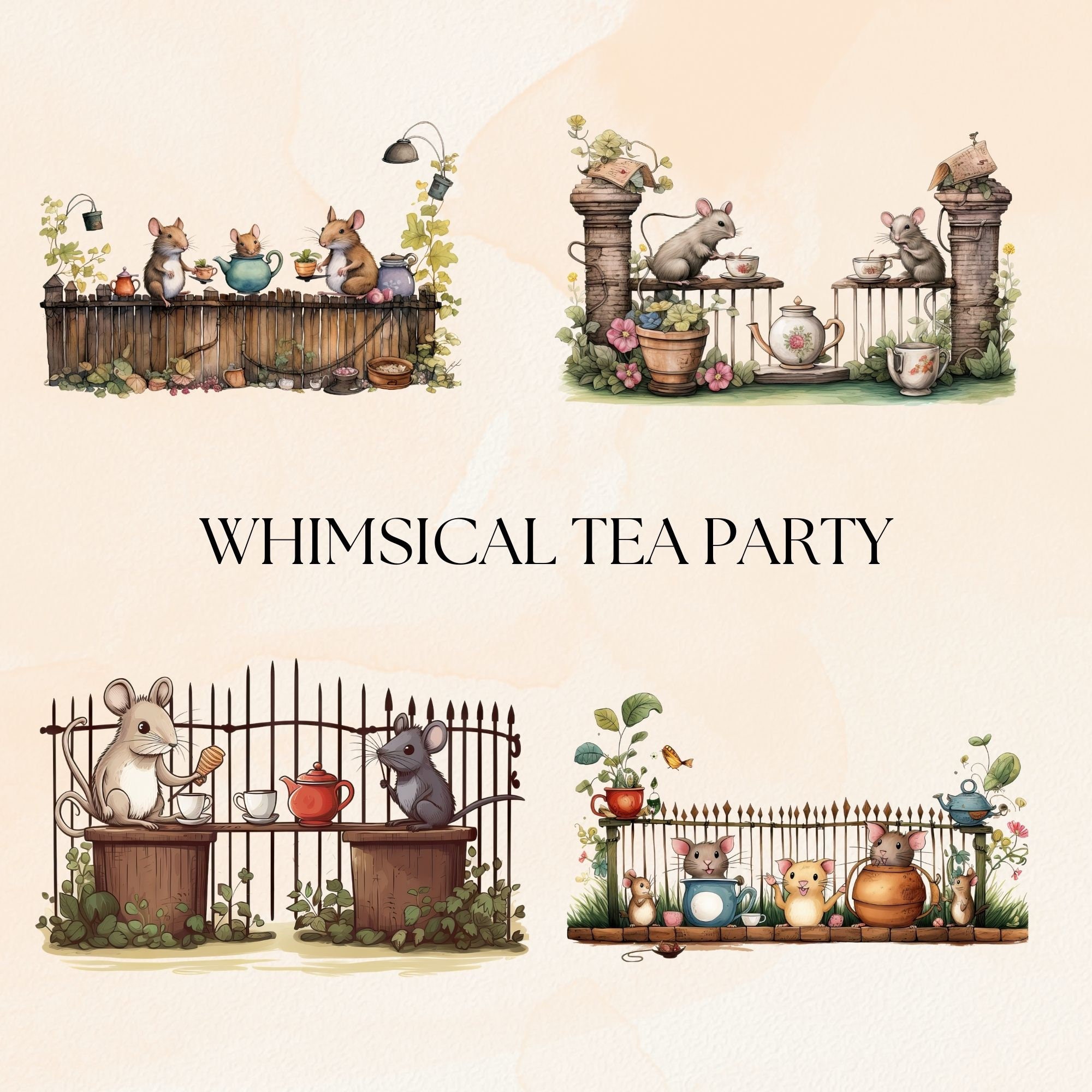 Animal Tea Party Clipart Bundle, Transparent PNG, Quirky Mice Art ...