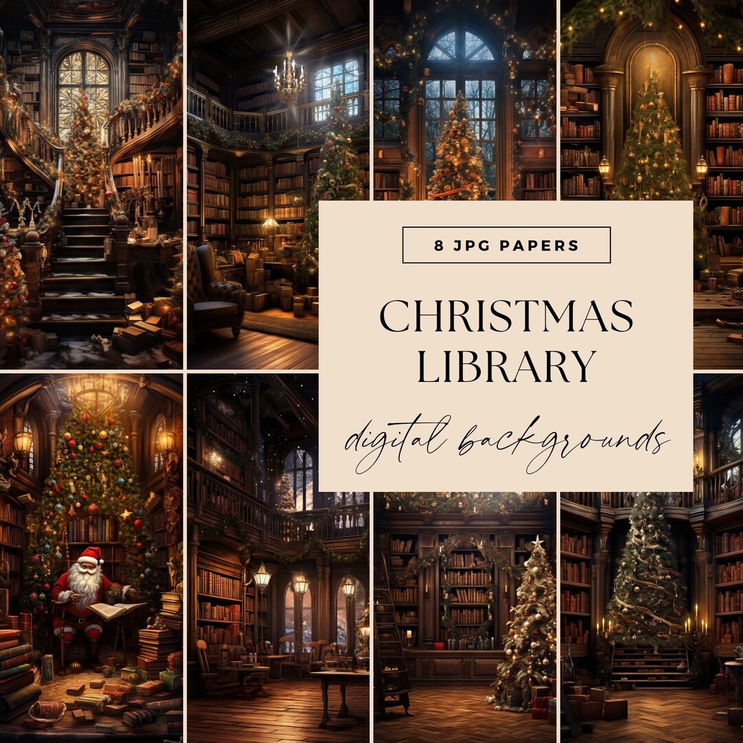 Christmas Library Digital Paper, Reading Room Printable, Festive ...