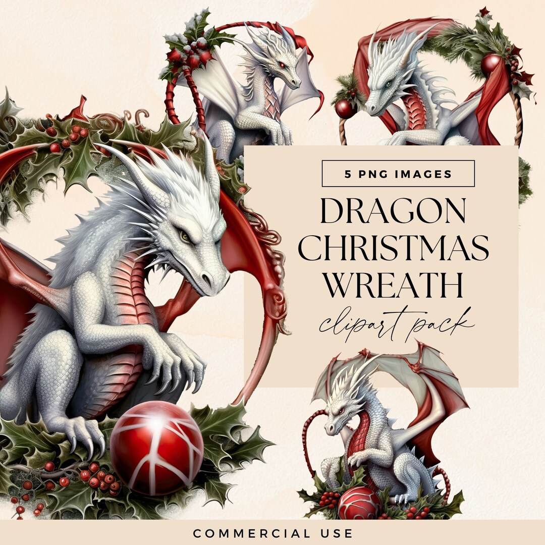 Dragon Christmas Wreath Clipart Bundle, Xmas Fantasy Clip Art ...