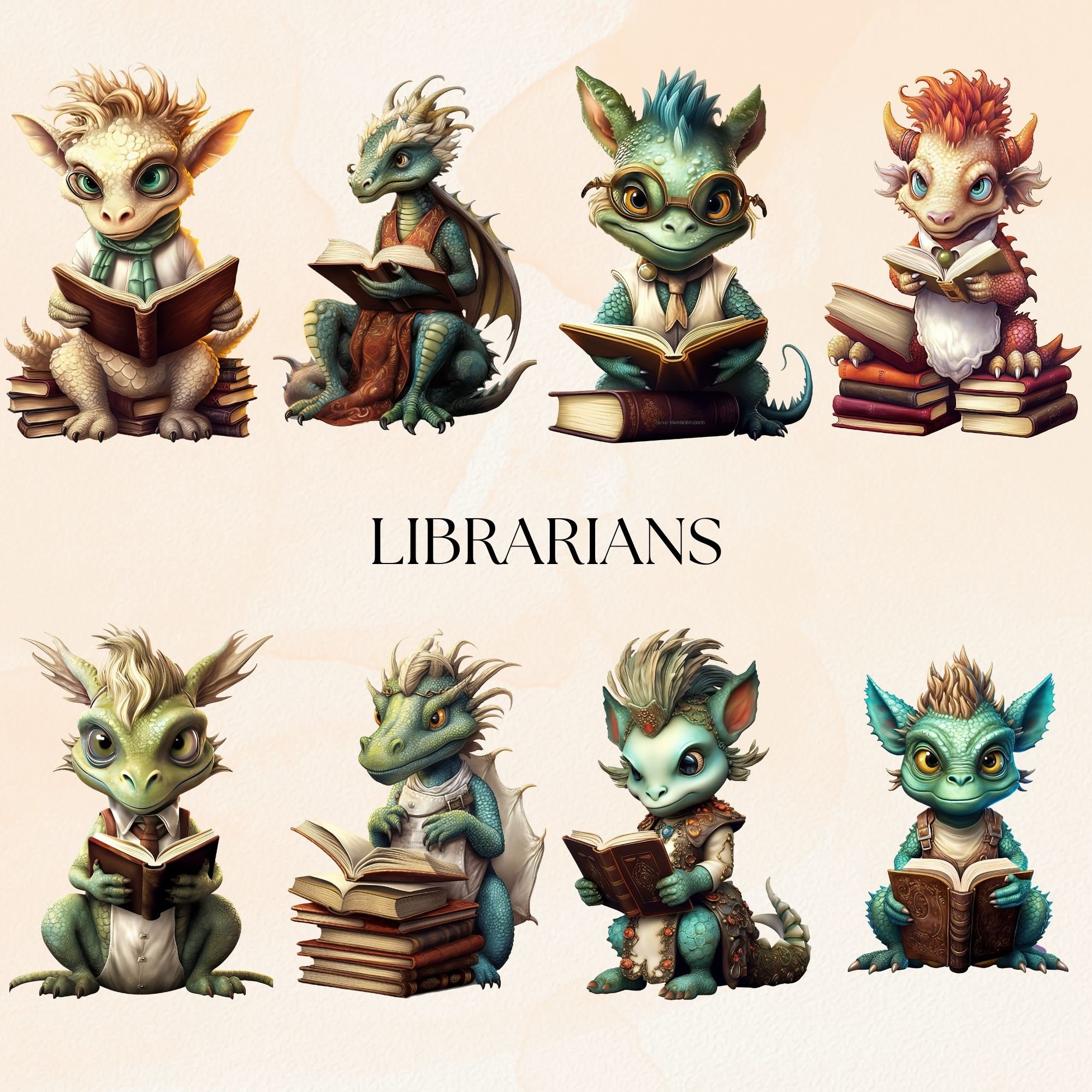 Quirky Dragon Librarian Clipart, Fantasy Book Pile Clip Art, Magical ...