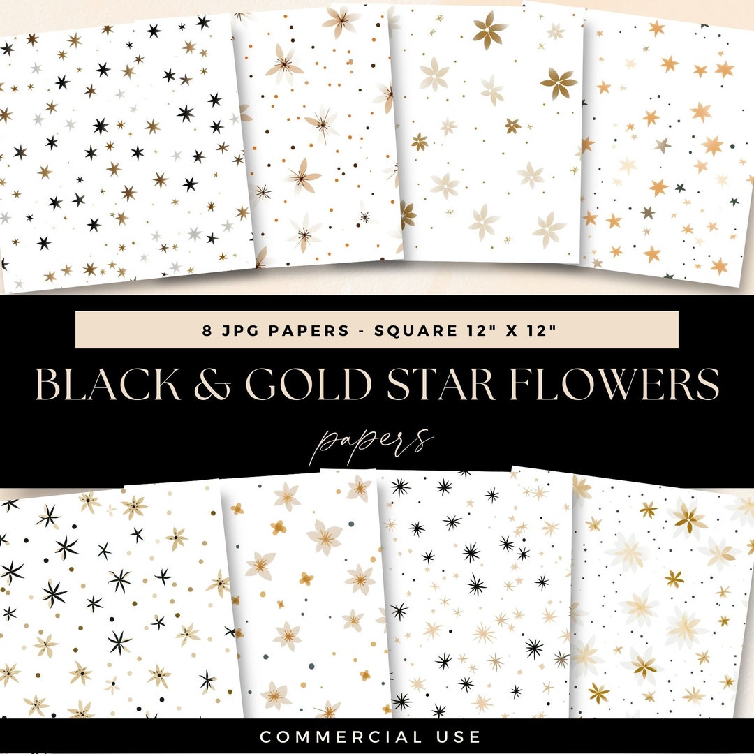 Black and Gold Star Flower Digital Papers, DOWNLOAD, Bright Junk ...