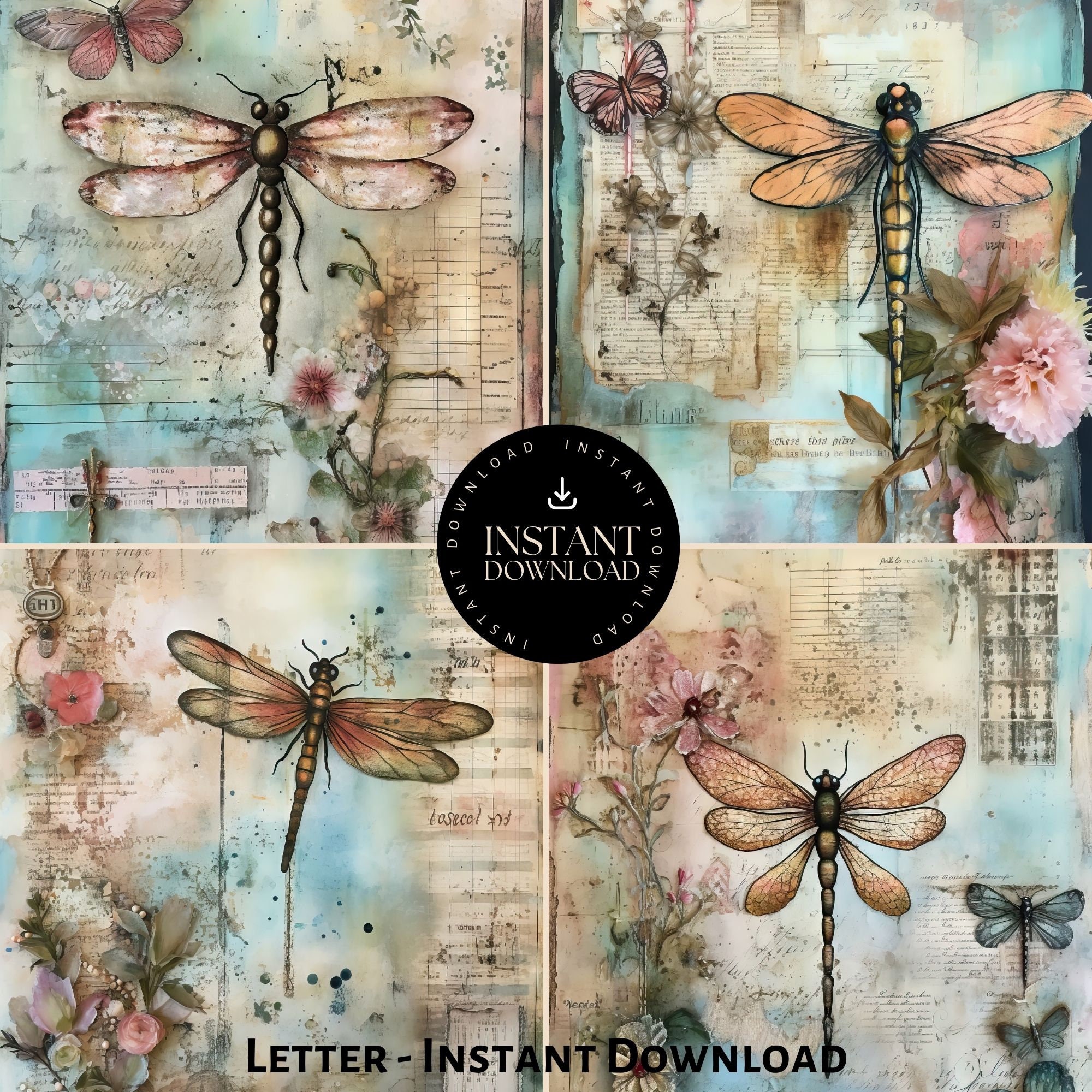 Dragonfly Digital Papers, INSTANT DOWNLOAD, Printable Garden Junk ...