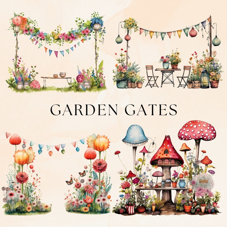 Garden Party Clipart Bundle, Spring Garden Clip Art, Watercolour PNG ...