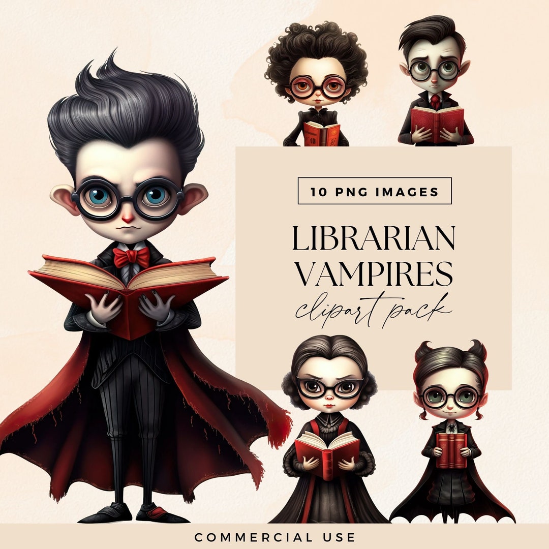 Quirky Librarian Vampires Clipart, Library Book Pile Clip Art, Magical ...