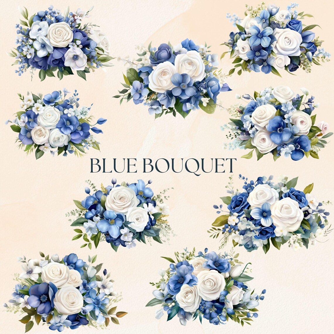 Floral Clipart Modern Wedding Bouquet, Blue and White Roses Flower Clip ...