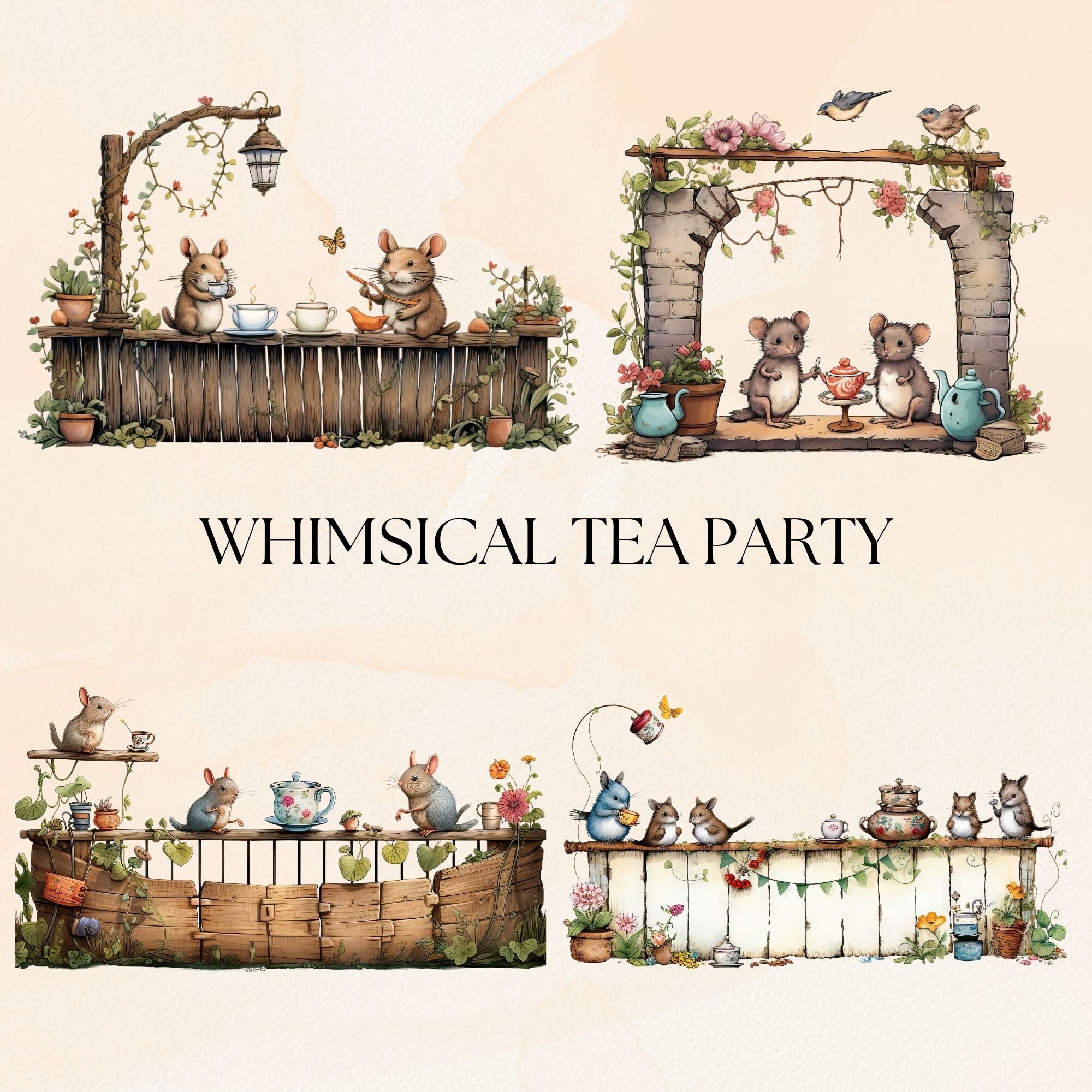 Animal Tea Party Clipart Bundle, Transparent PNG, Quirky Mice Art ...