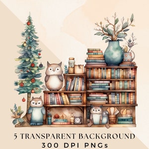 Christmas Bookshelf Clipart Pack, Watercolour Xmas Clip Art, Holiday ...
