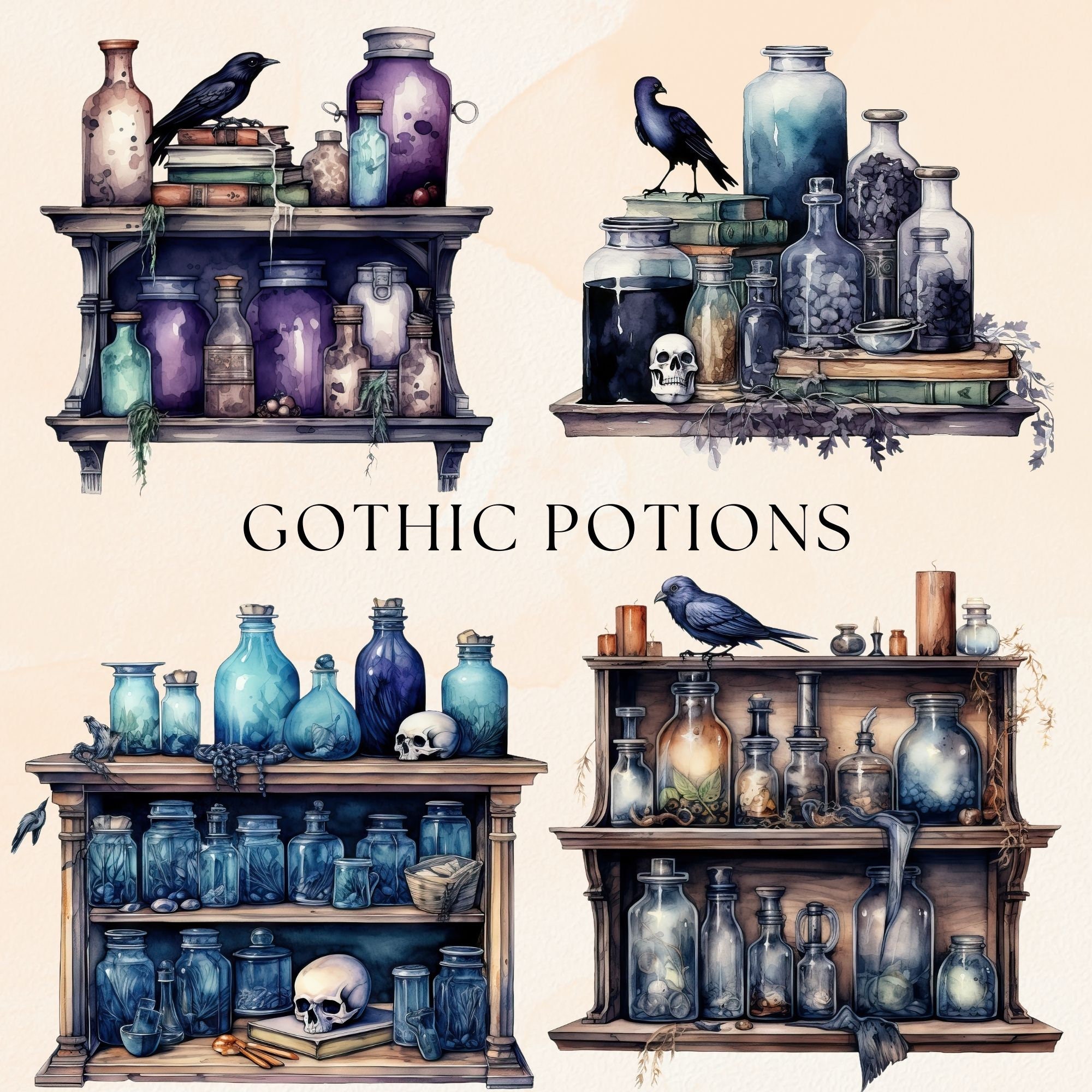 Gothic Potion Bottles Clipart, Apothecary Shelves Clip Art, Mystical ...