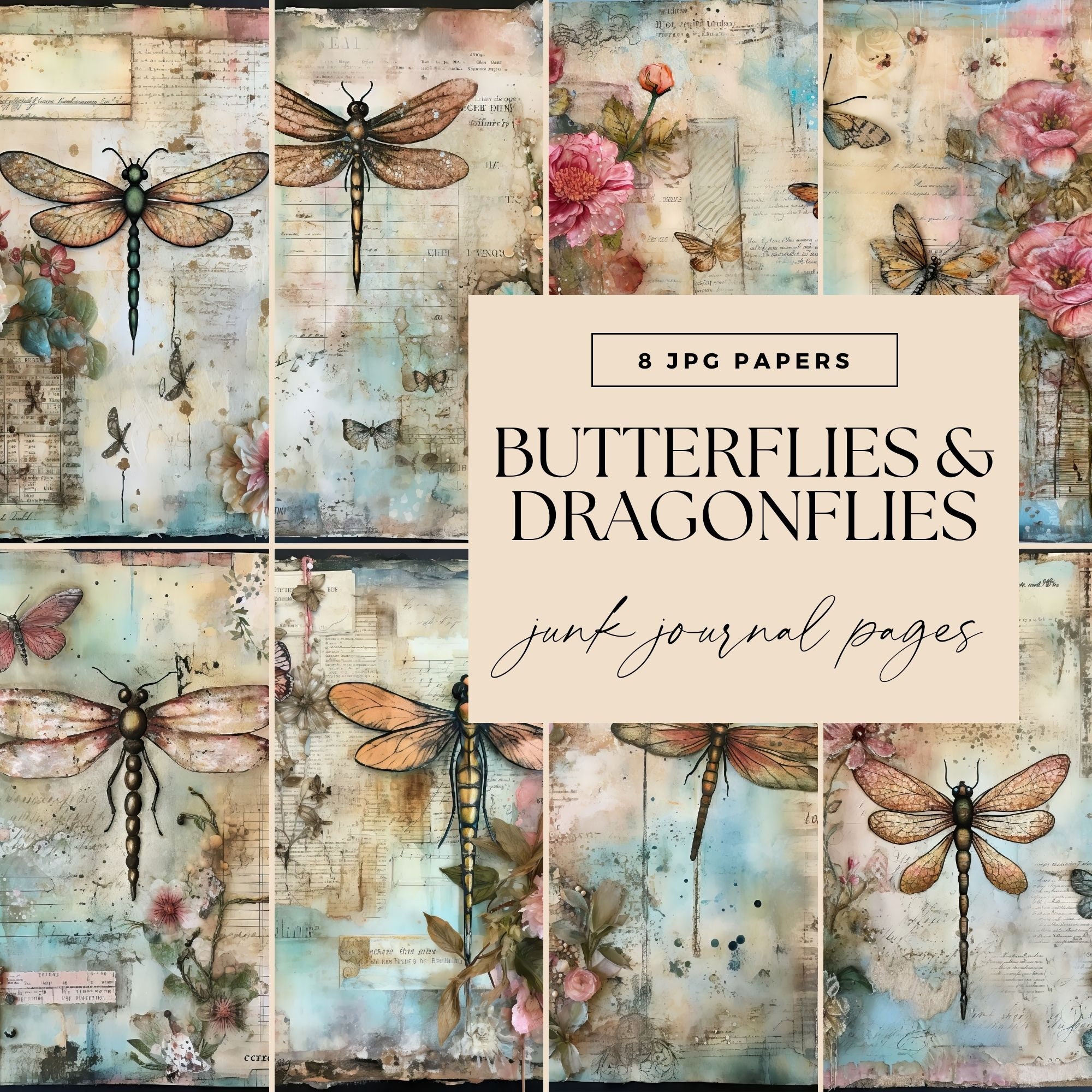 Dragonfly Digital Papers, INSTANT DOWNLOAD, Printable Garden Junk ...