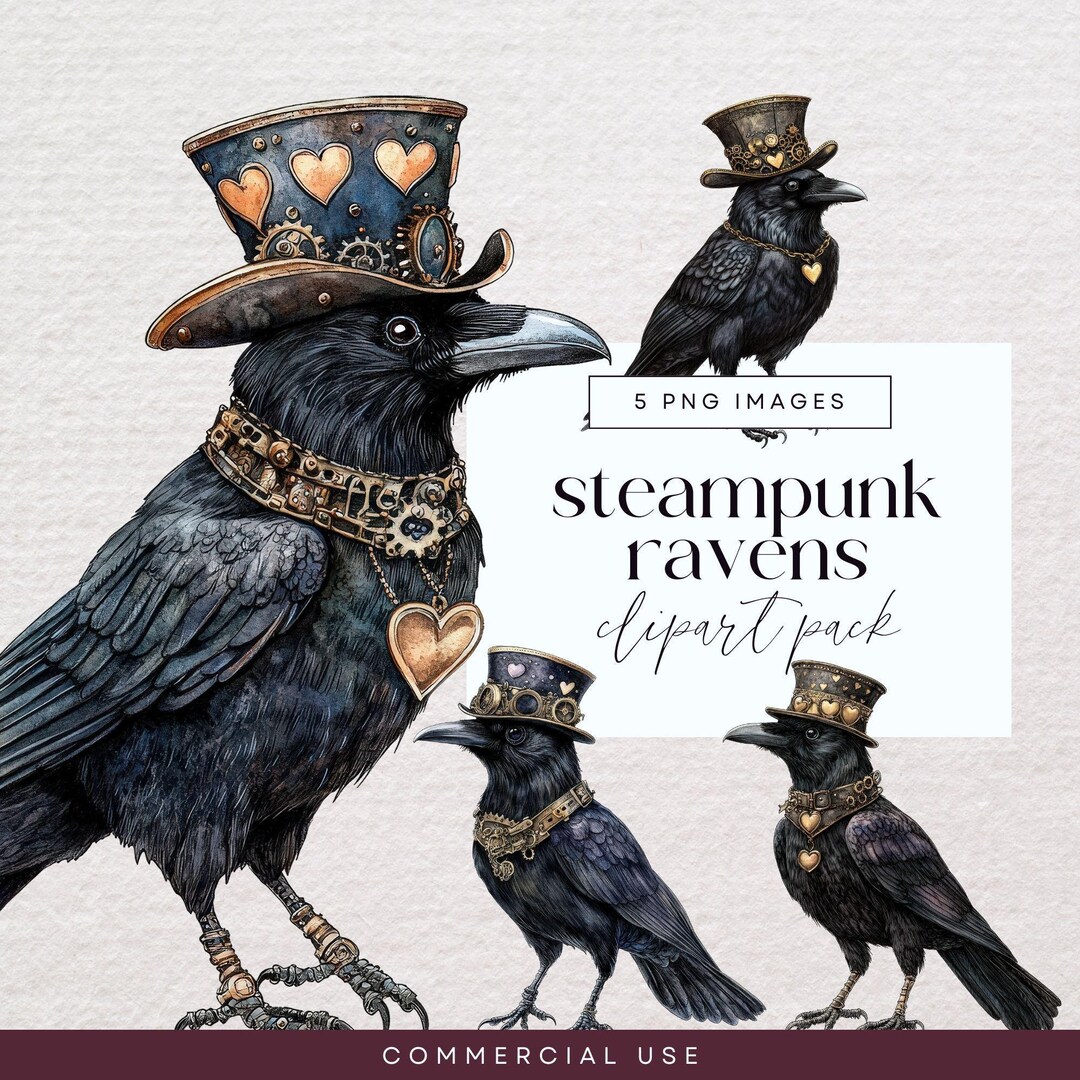 Steampunk Raven Clipart Kit, Transparent PNG, Junk Journal Blackbird ...