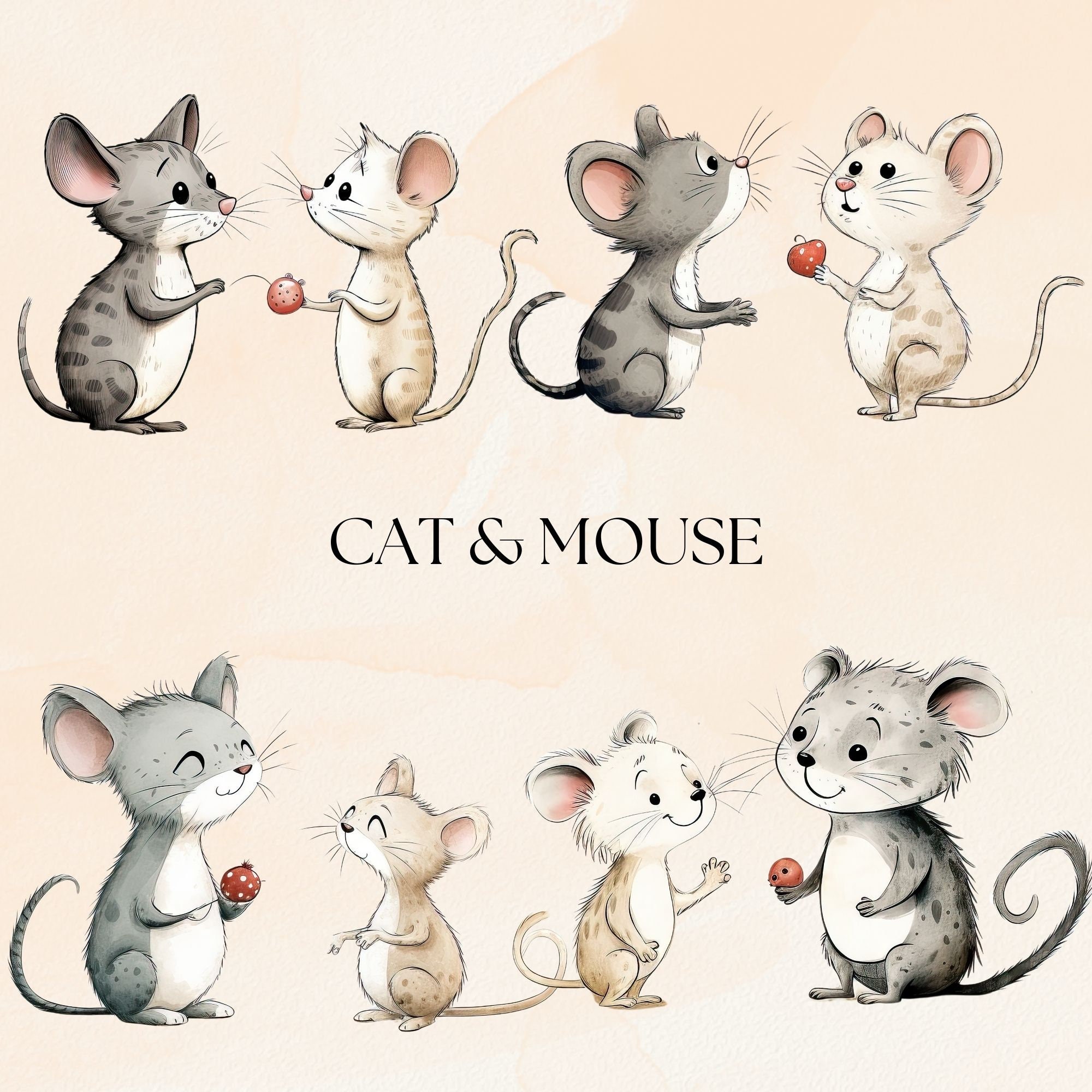 Cat and Mouse Clipart Bundle, Transparent PNG, Whimsy Clip Art, Animal ...