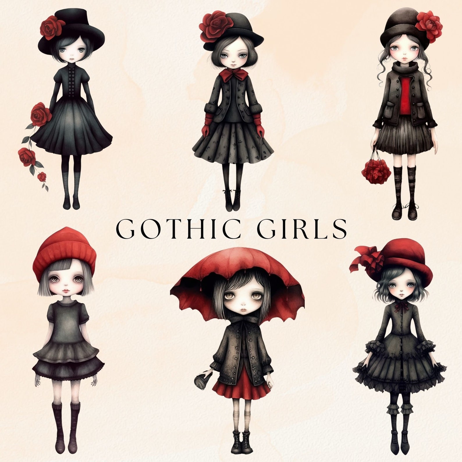 Gothic Botanical Girls Clipart Pack, Dark Red Goth Girls, Transparent ...