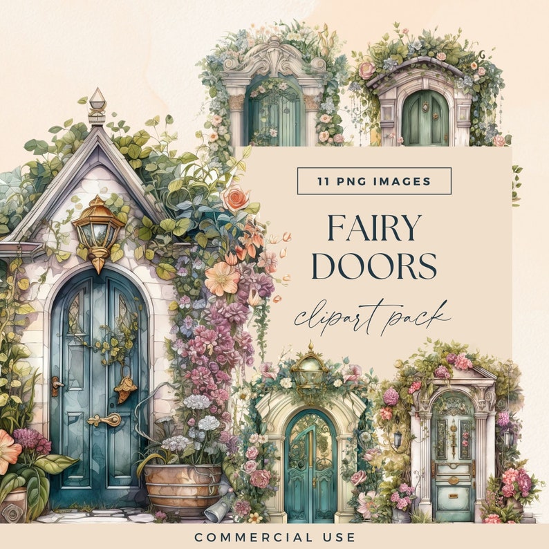 Fairy Door Clipart Bundle, Secret Garden Clip Art, Watercolour PNG ...