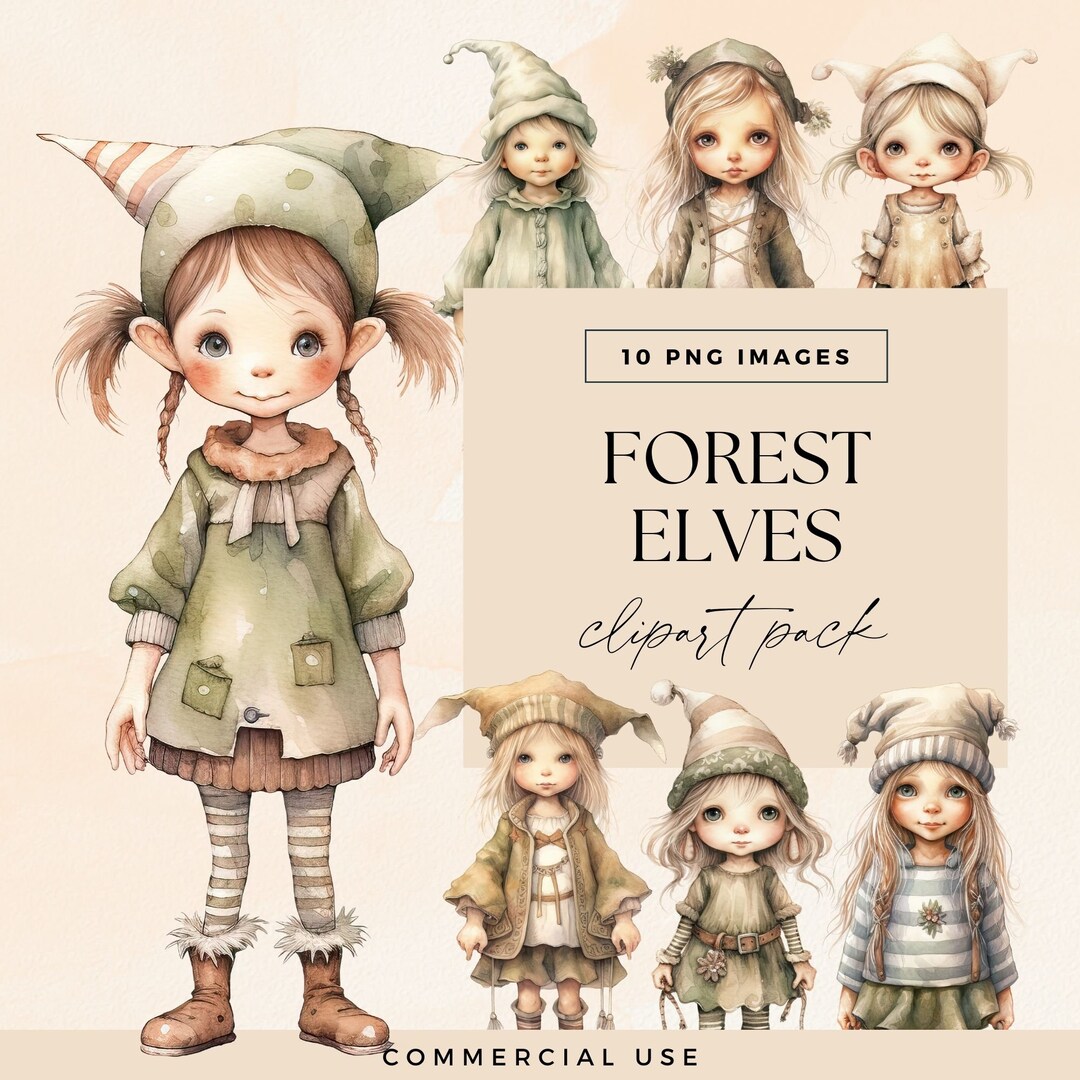 Elves Watercolour Clipart, Elf Girls Clip Art Pack, Vintage PNG, Cute ...