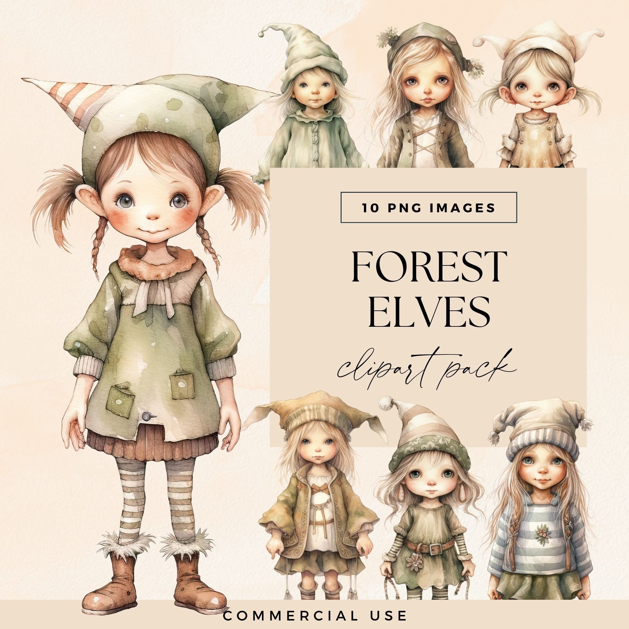 Elves Watercolour Clipart, Elf Girls Clip Art Pack, Vintage PNG, Cute ...