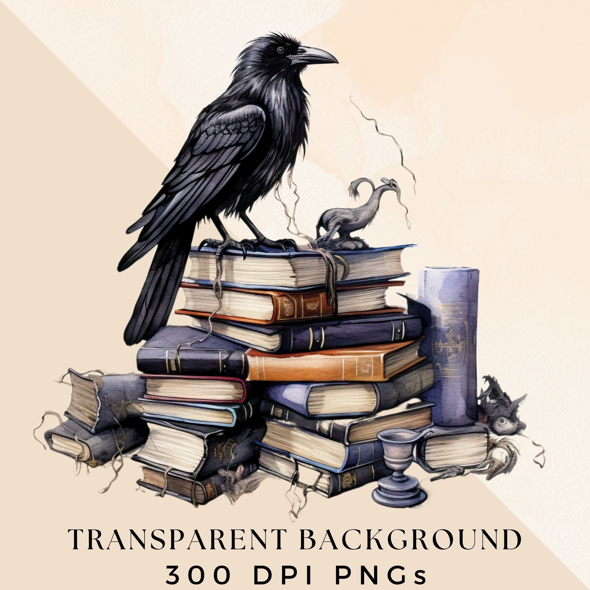 Gothic Book Stack Clipart Bundle, Transparent PNG, Raven Bookpile Clip ...