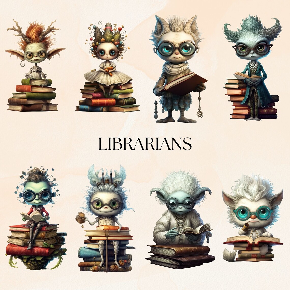 Quirky Creature Librarian Clipart, Library Book Pile Clip Art, Magical ...