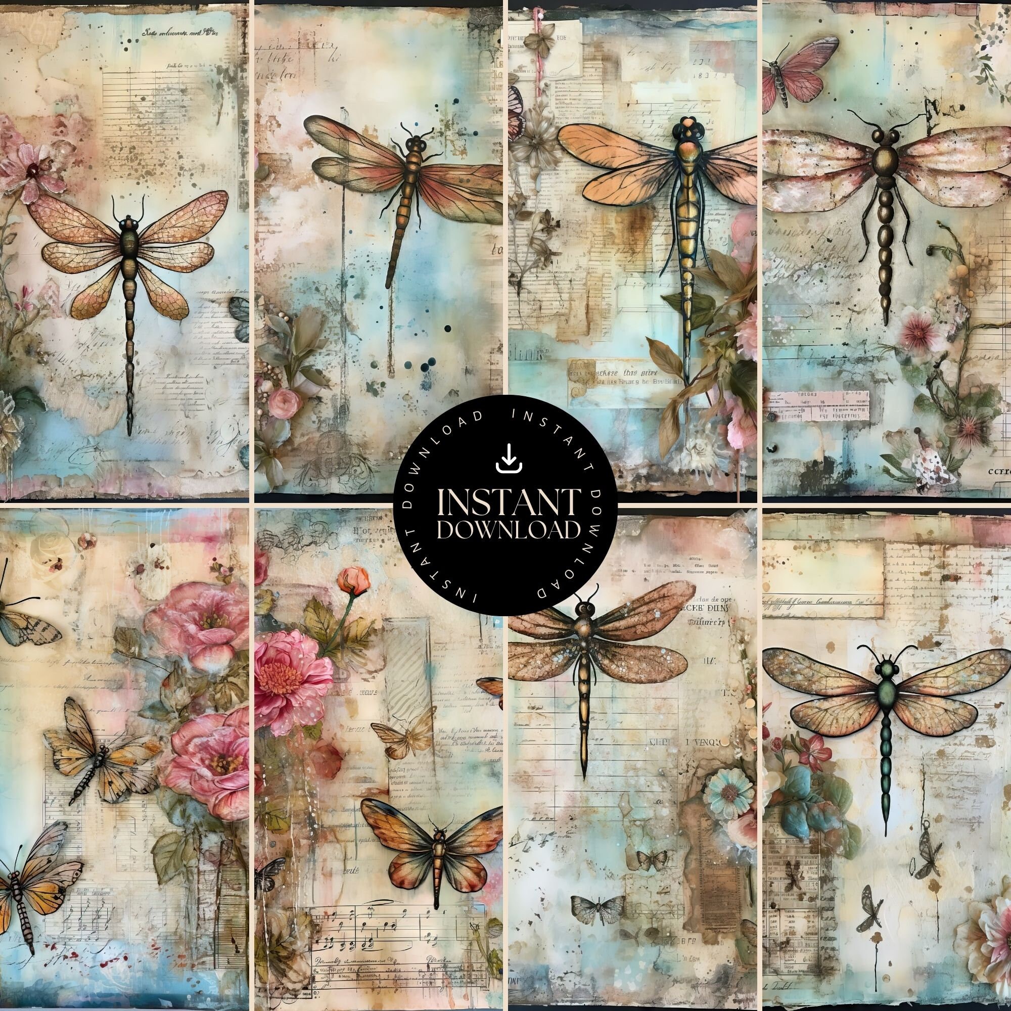 Dragonfly Digital Papers, INSTANT DOWNLOAD, Printable Garden Junk ...