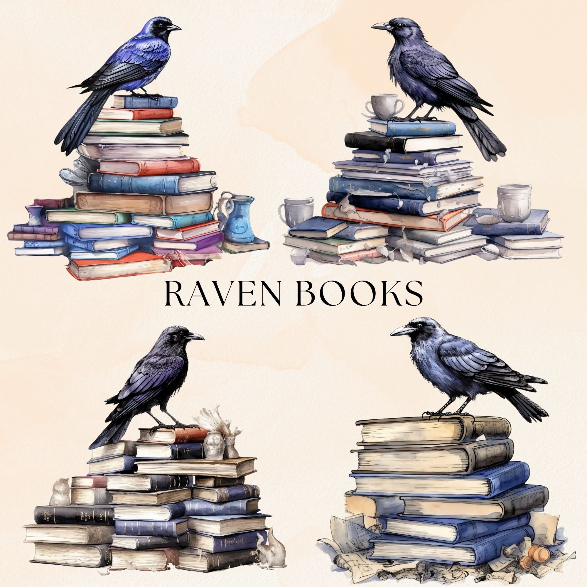 Gothic Book Stack Clipart Bundle, Transparent PNG, Raven Bookpile Clip ...