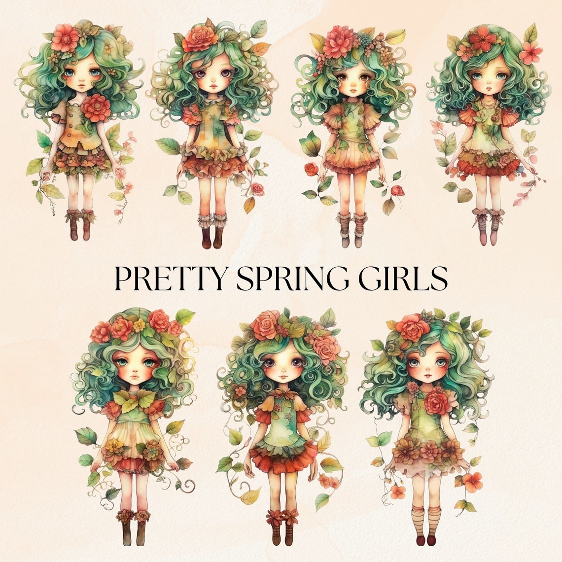 Spring Girl Clipart Pack PNG, Watercolor Cute Springtime Doll Clip Art ...