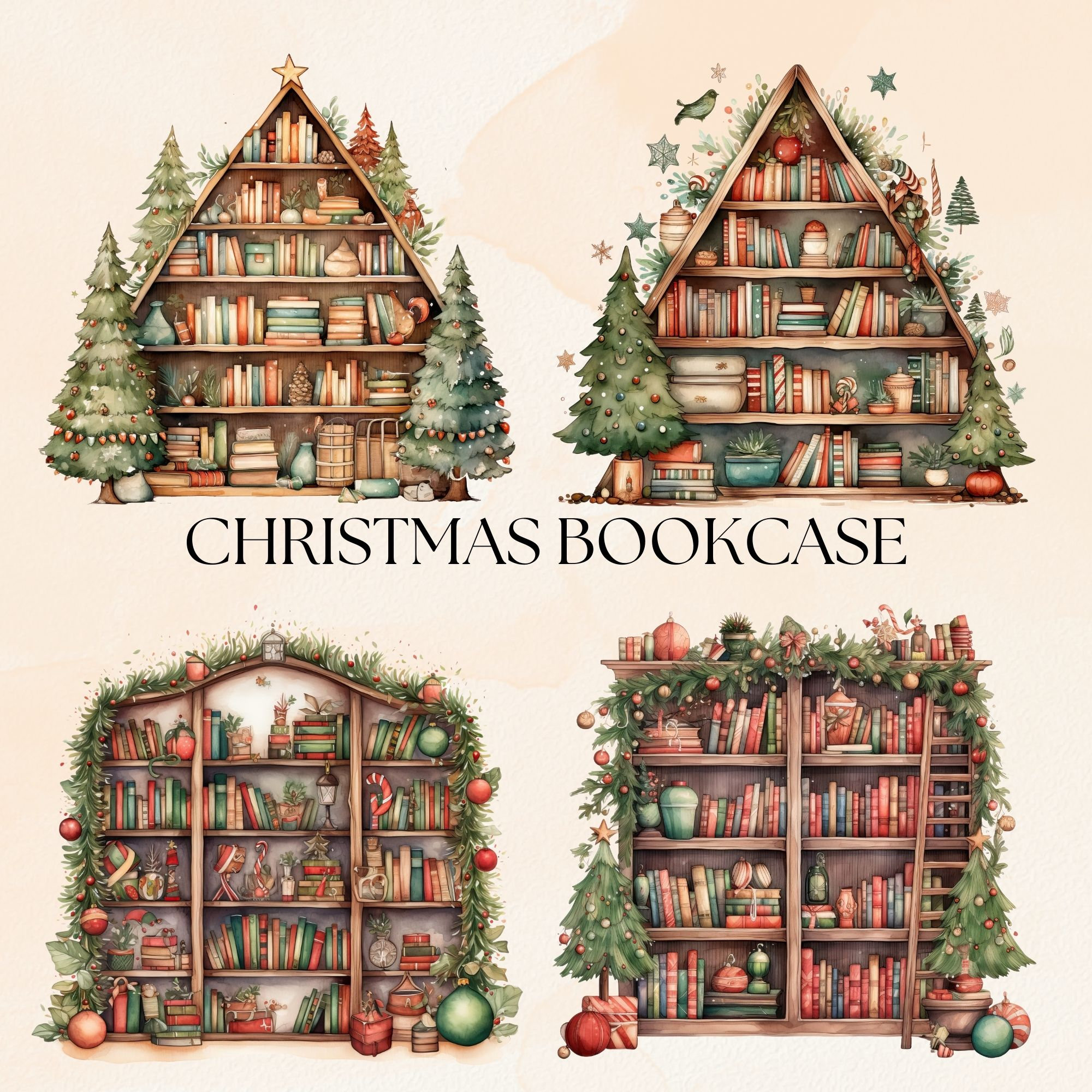 Christmas Bookshelf Clipart Pack, Watercolour Xmas Clip Art, Holiday ...