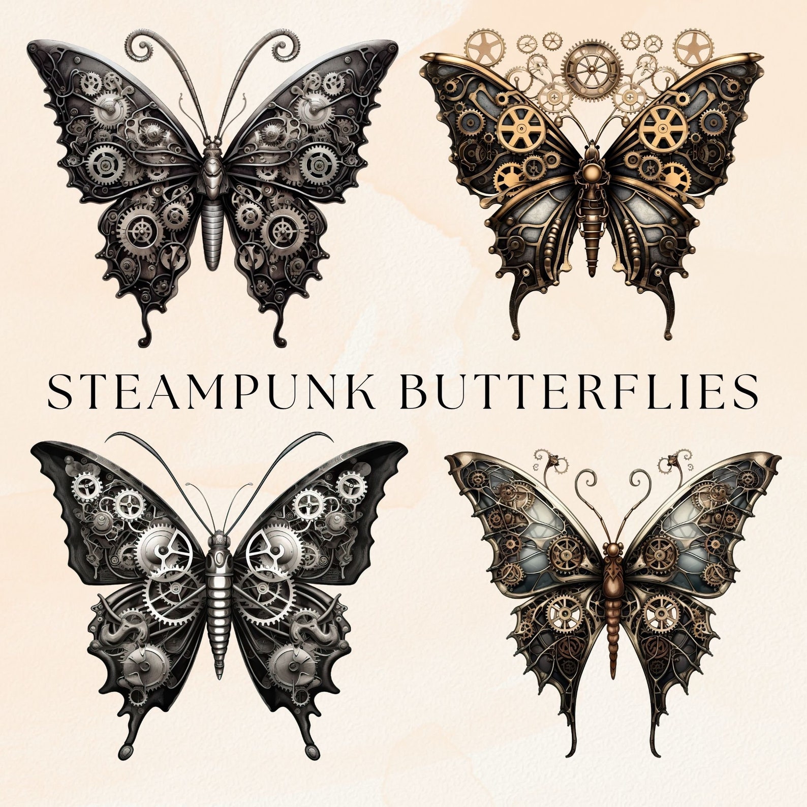Steampunk Butterflies Clipart Kit Transparent PNG Junk - Etsy