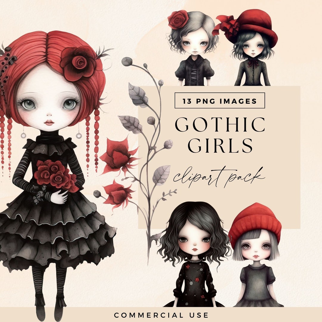 Gothic Botanical Girls Clipart Pack, Dark Red Goth Girls, Transparent ...