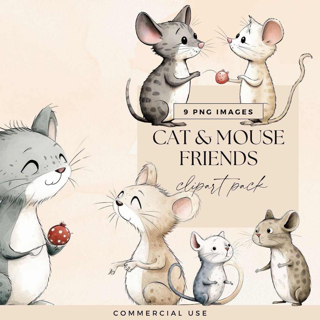 Cat and Mouse Clipart Bundle, Transparent PNG, Whimsy Clip Art, Animal ...