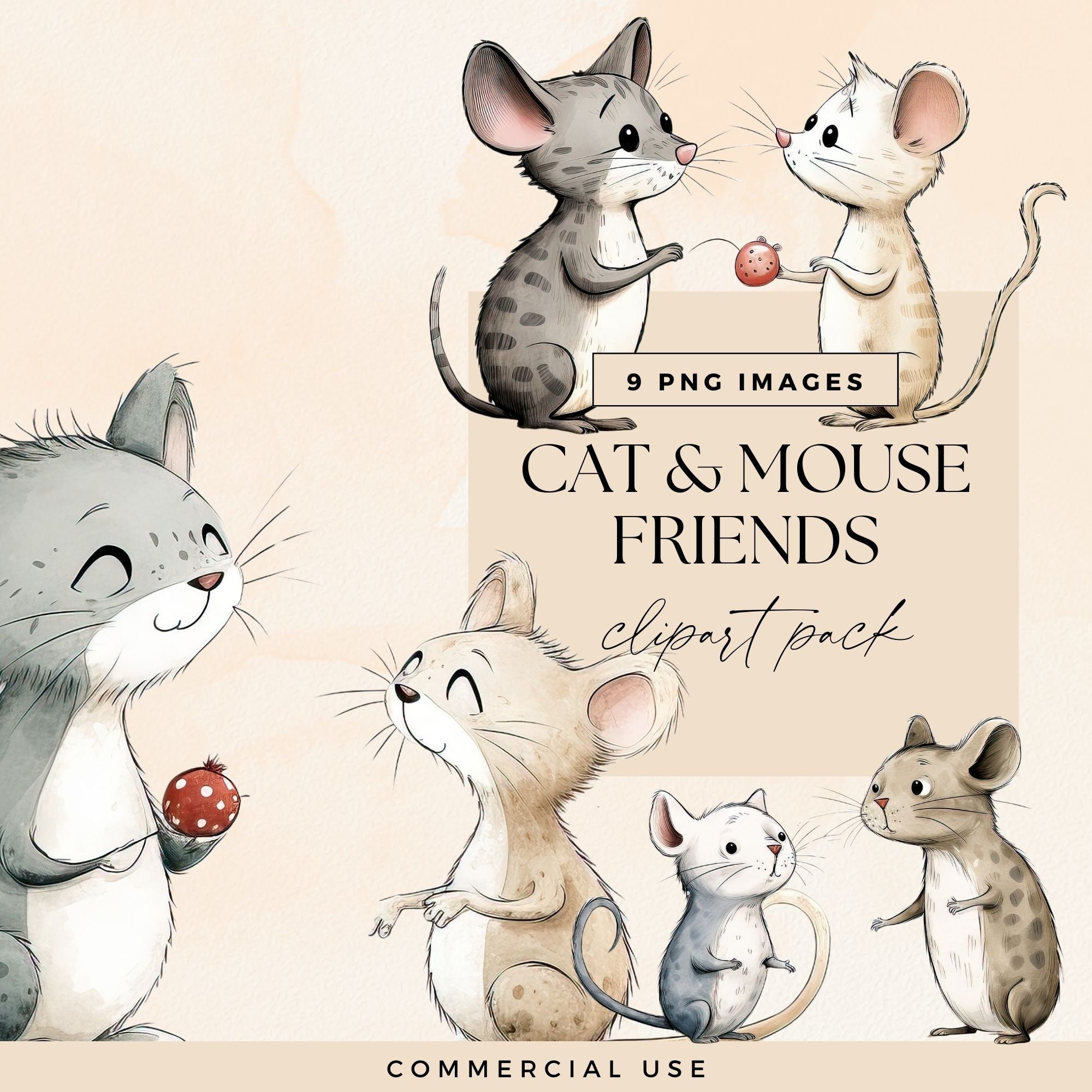 Cat and Mouse Clipart Bundle, Transparent PNG, Whimsy Clip Art, Animal ...