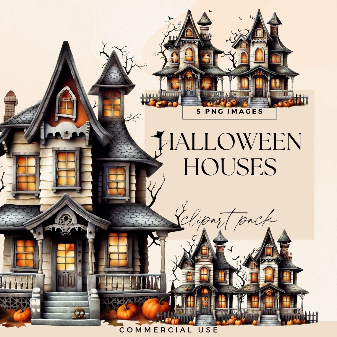 Quirky Halloween Buildings Clipart Pack, Whimsical Houses, Victorian ...