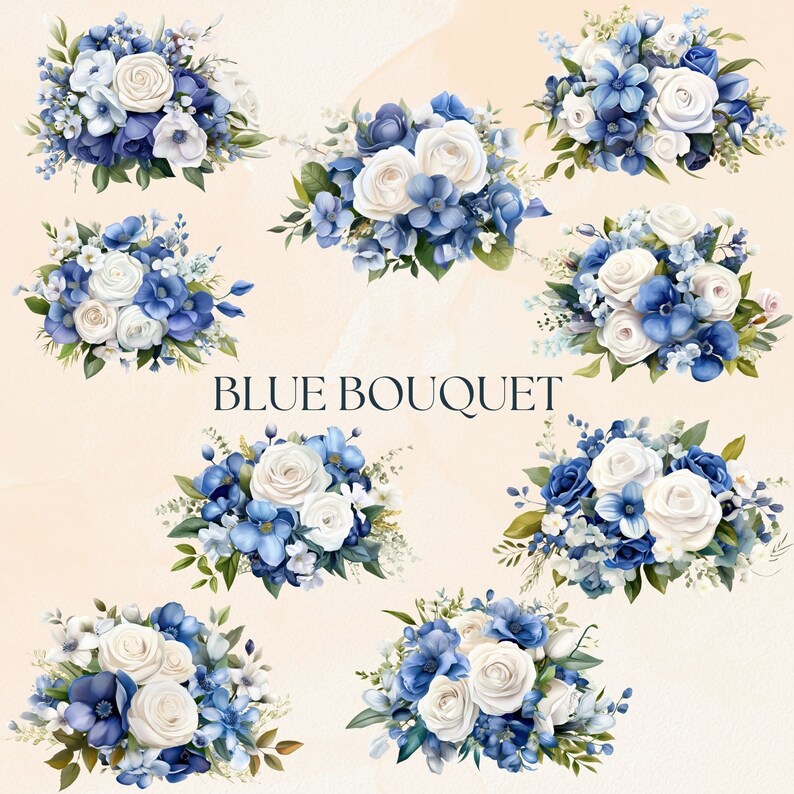 Floral Clipart Modern Wedding Bouquet, Blue and White Roses Flower Clip ...
