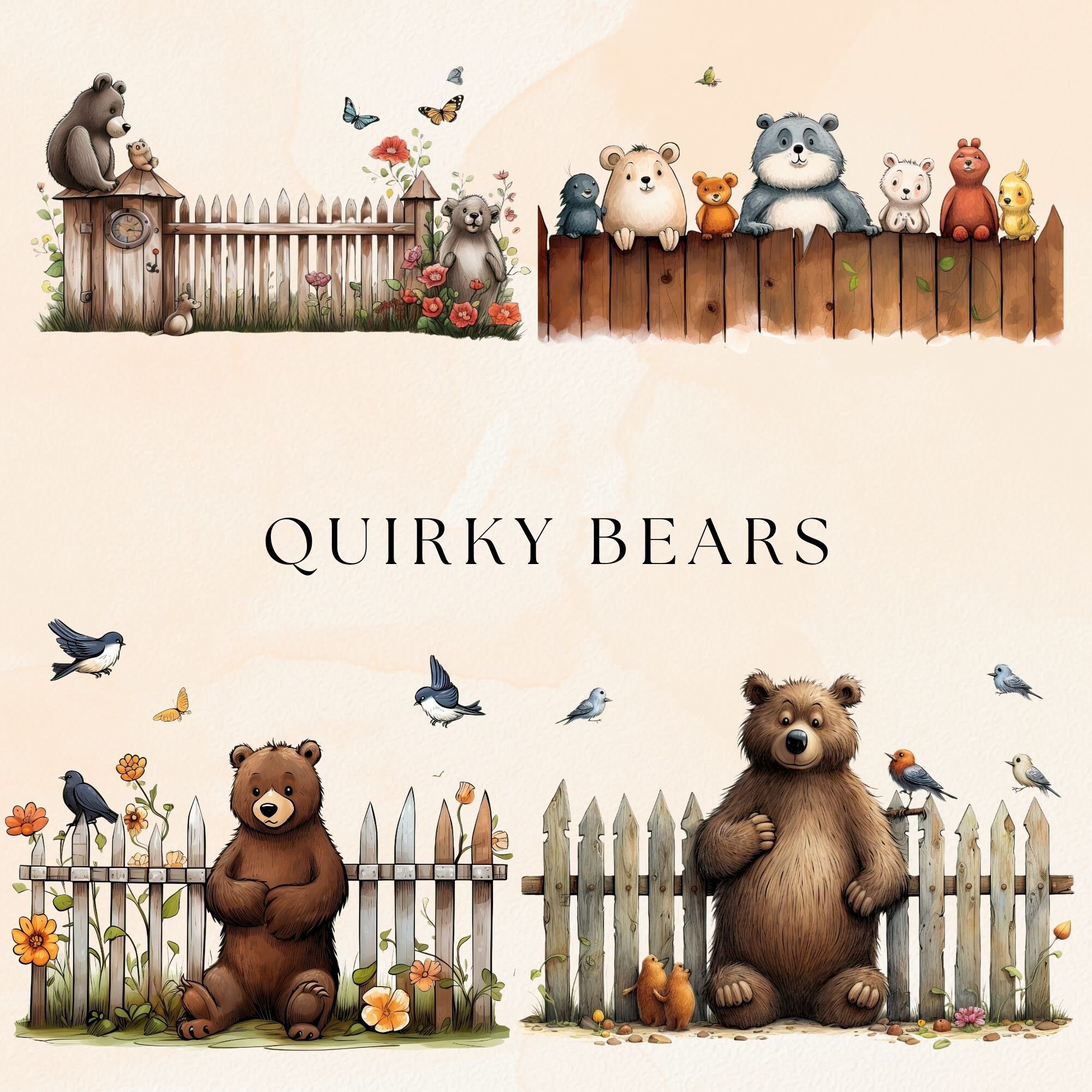 Whimsical Bear Clipart Bundle, Transparent PNG, Quirky Art, Whimsy ...