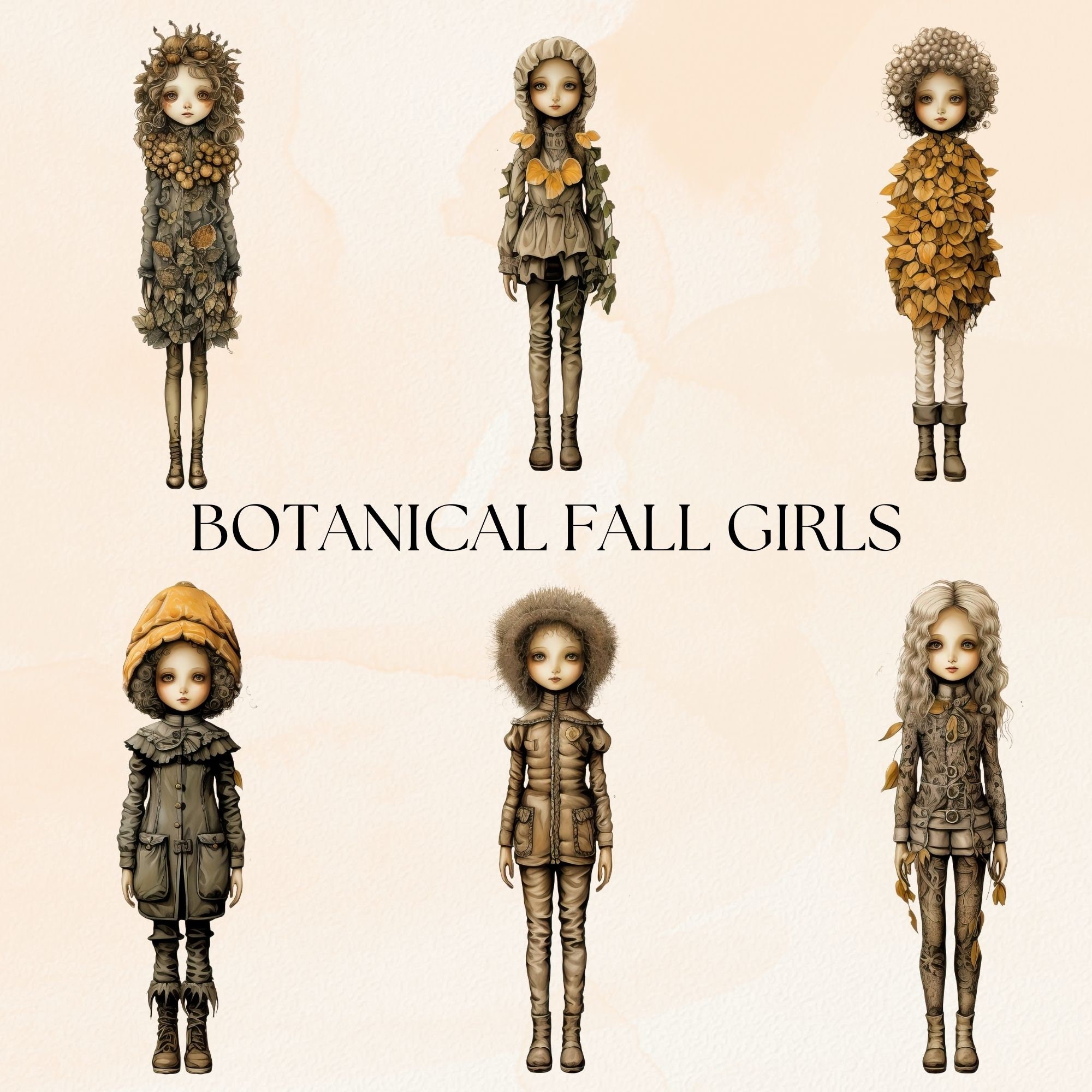 Botanical Fall Girls Clip Art Clipart Pack, Autumn CU Characters ...