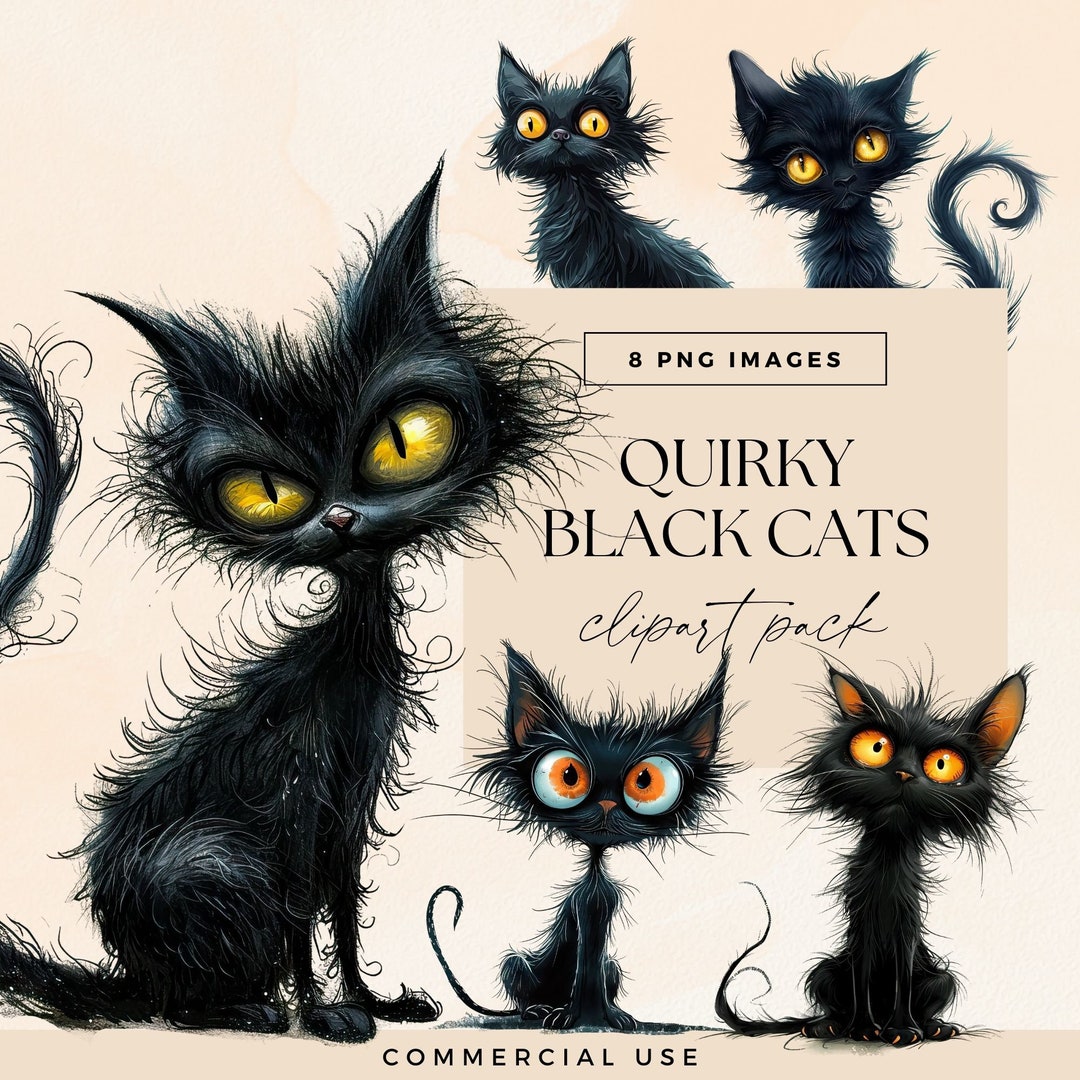 Quirky Black Cat Cat Clipart Bundle, Transparent PNG, Cute Kittens Clip ...
