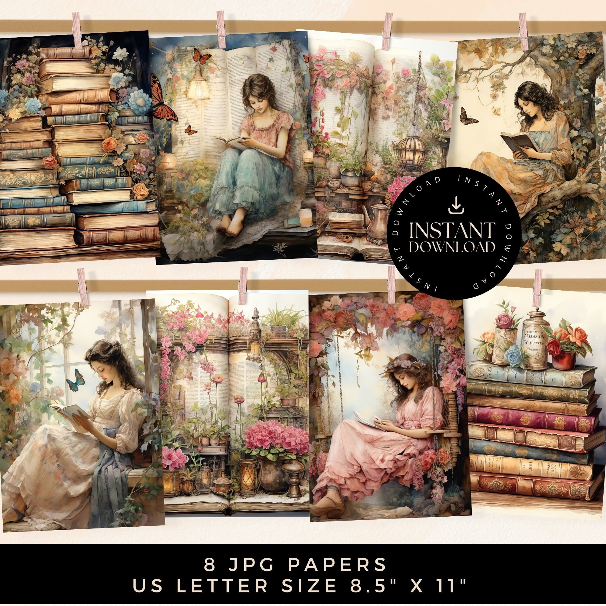 Book Lovers Junk Journal Kit, Vintage Bookpile Scrapbooking Papers ...